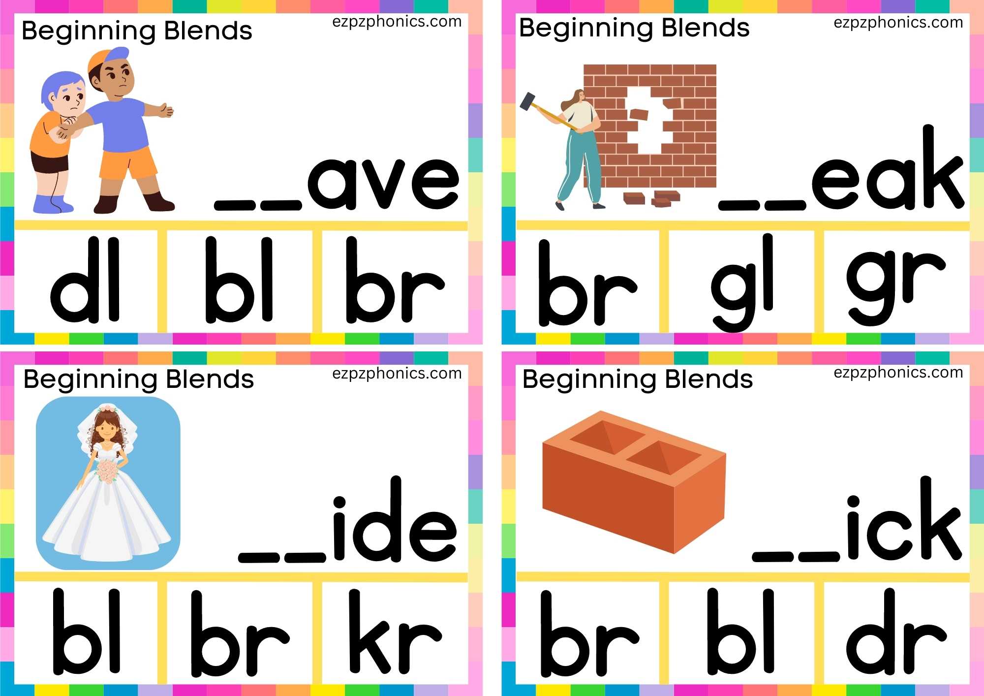 BR Beginning Blends Clip Cards Finish The Words And Clip The Correct Letters Set 2 - ezpzphonics.com